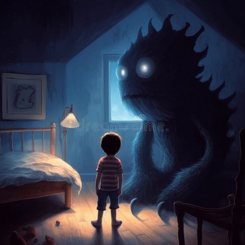 Boy and Shadow Monster Horror Illustration Stock Illustration ...