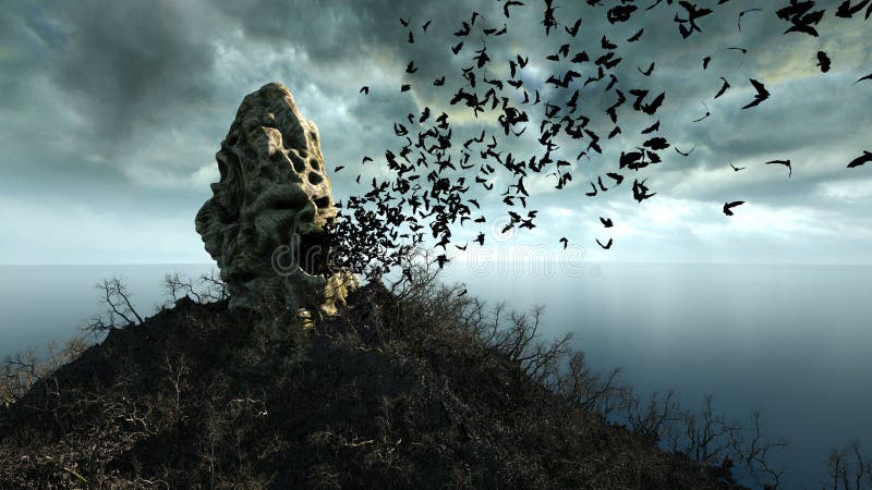 Horror Island in Ocean. Devilish Screaming Skull. Halloween Concept ...