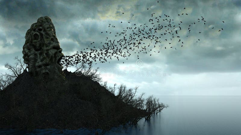 Horror Island in Ocean. Devilish Screaming Skull. Halloween Concept ...