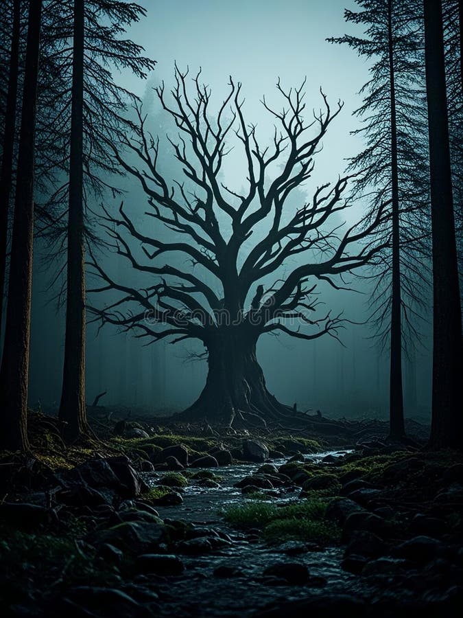 Horror Landscape of Dark Forest with a Scary Tree Stock Illustration ...