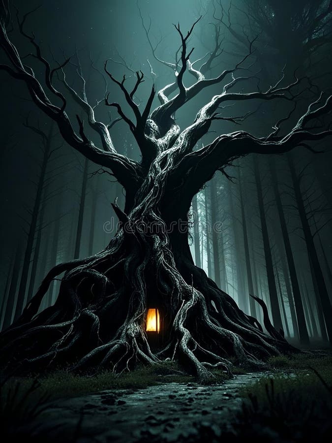 Horror Landscape of Dark Forest with a Scary Tree Stock Illustration ...