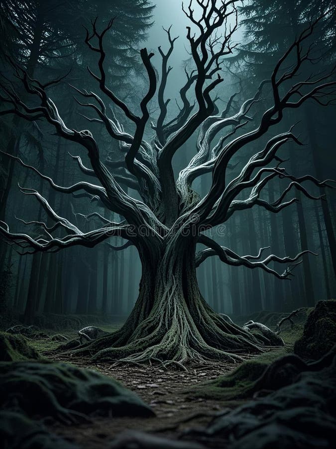 Horror Landscape of Dark Forest with a Scary Tree Stock Illustration ...