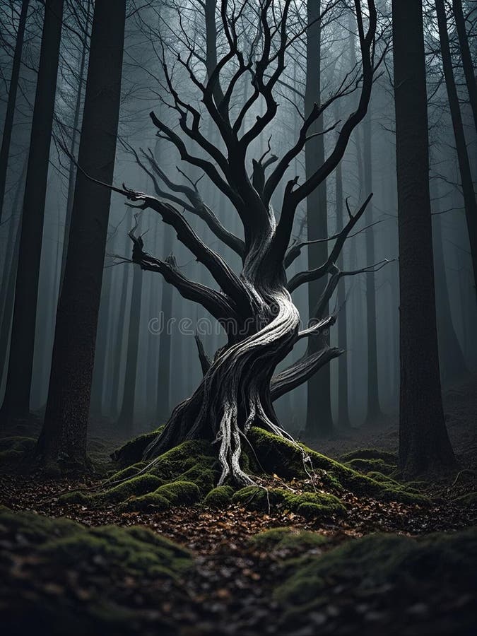 Horror Landscape of Dark Forest with a Scary Tree Stock Illustration ...