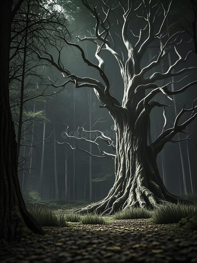 Horror Landscape of Dark Forest with a Scary Tree Stock Illustration ...