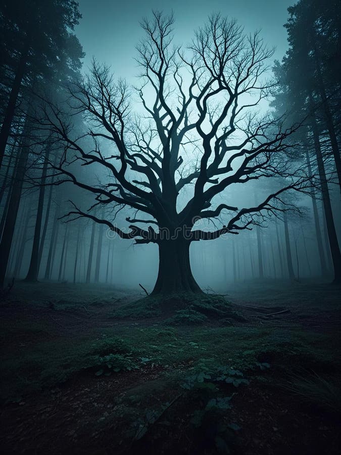 Horror Landscape of Dark Forest with a Scary Tree Stock Illustration ...