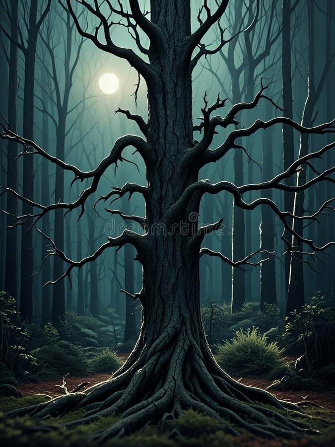 Horror Landscape of Dark Forest with a Scary Tree Stock Illustration ...