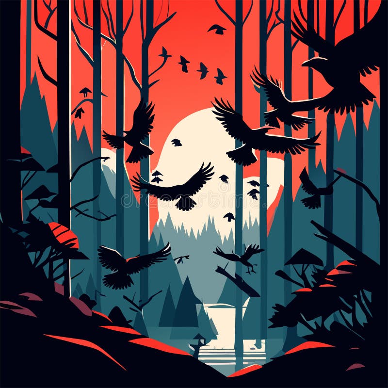 Horror Landscape with Forest, Trees and Birds. Vector Illustration ...