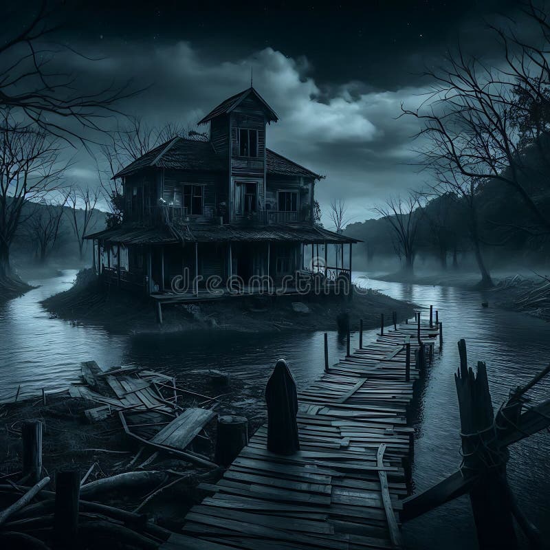 Horror Places with River and Abounded House in Midnight Stock Image ...