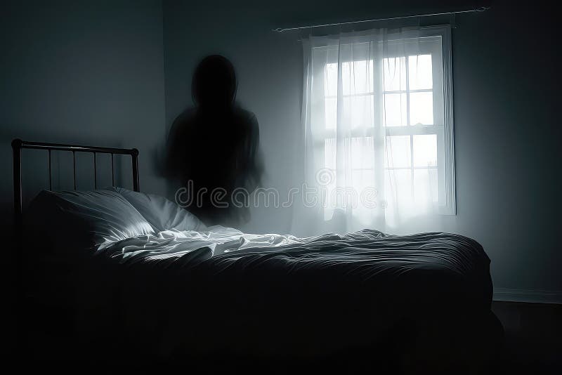 Horror Scene of Ghost Silhouette in Bedroom Window Stock Illustration ...