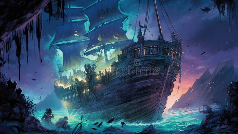 A Horror Scene Set in a Ghost Ship with a Cursed Treasure and Undead ...