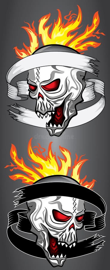 Horror Shouting Skull in Fire Flames Twisted with Old Ribbon Stock ...