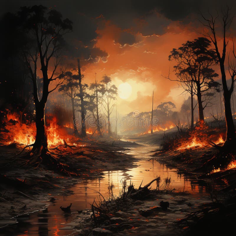 Horror Spooky Burning Forest Under the Full Moonlight. Stock ...