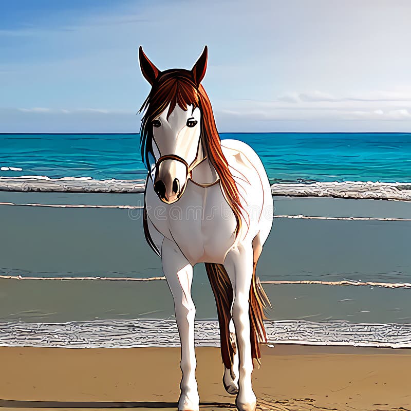 Cartoon White Horse Posing on a Beach Stock Illustration - Illustration ...