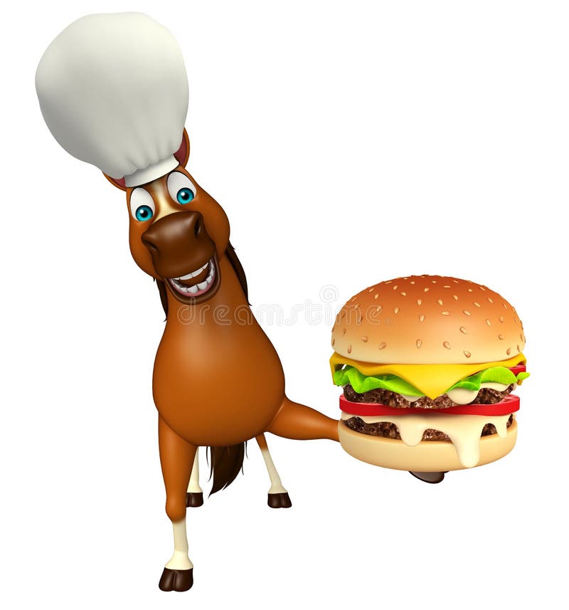 Horse Cartoon Character with Chef Hat and Burger Stock Illustration ...