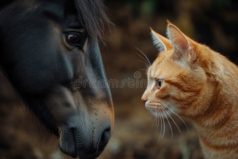 Horse and Cat Looking at Each Other Showing Friendship between ...