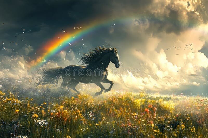 A Horse Centaur Charging through a Meadow Under a Double Rainbow Stock ...
