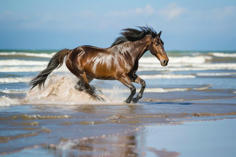 Horse Charging through Shallow Beach Water at High Tide Stock Photo ...