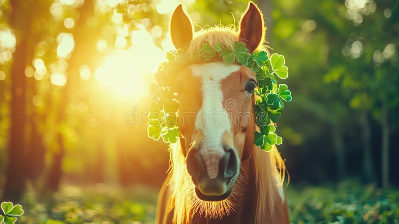 Horse with Clover Crown in Sunlit Forest Glade. Happy St. Patrick S Day ...