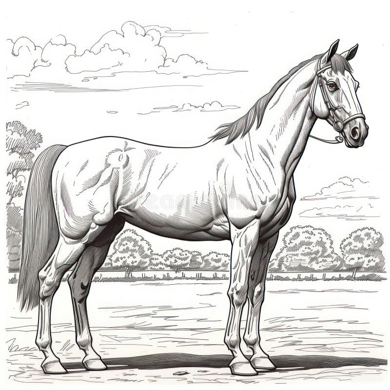 Horse Drawing Coloring Book Page Stock Illustration - Illustration of ...