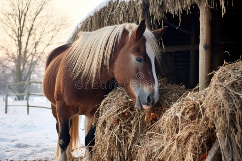 Horse Eating Hay from a Manger in Winter Stock Illustration ...