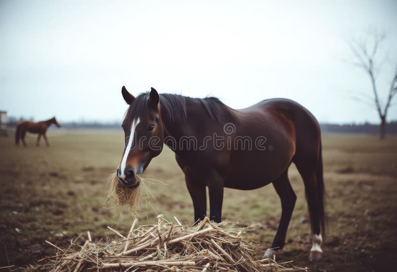 Horse Eating Hay on a Meadow in Farm Stock Illustration - Illustration ...
