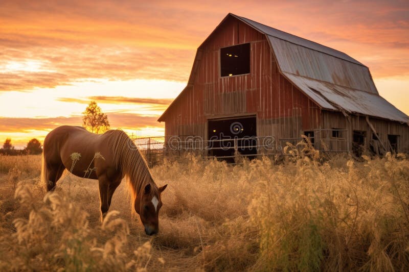 Horse Eating Hay Near Rustic Barn at Sunset Stock Illustration ...