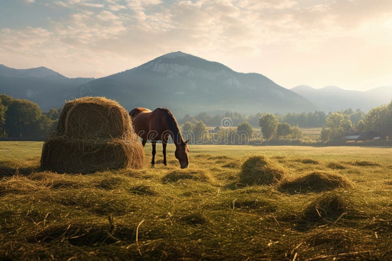 Horse Eating Hay in a Sunlit Pasture, Mountains Backdrop Stock Image ...