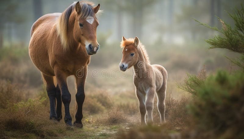 Horse Family Grazing in Meadow at Sunset Generated by AI Stock Photo ...