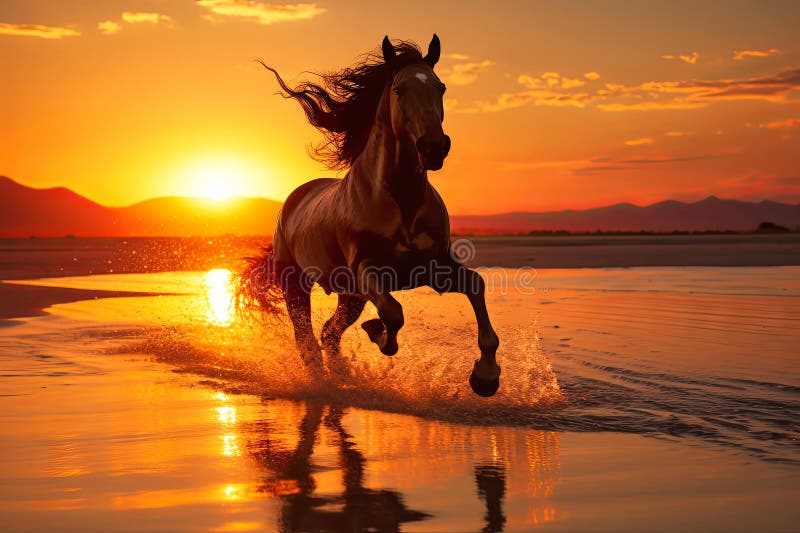 A Horse Galloping on the Beach at Sunset Stock Image - Image of freedom ...