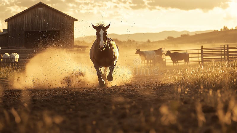 Horse Galloping through the Dust on a Cattle Ranch Stock Illustration ...