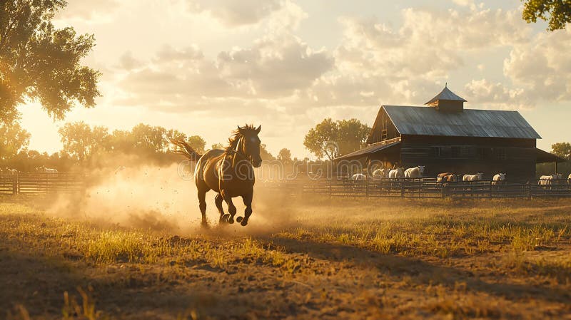Horse Galloping through the Dust on a Cattle Ranch Stock Illustration ...