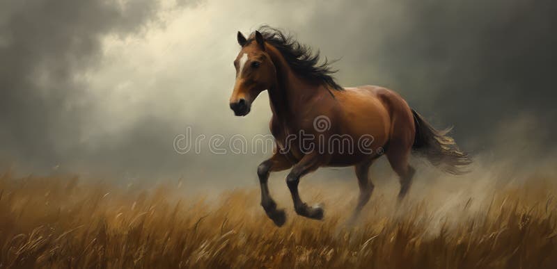 A Horse Galloping in a Field of Tall Grass Under a Cloudy Sky Stock ...