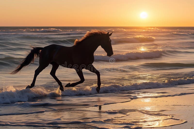 Horse Galloping beside Ocean Waves at Sunrise Stock Image - Image of ...