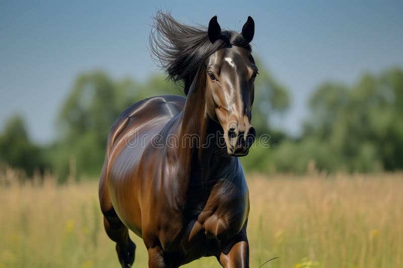 Horse with Glossy Coat Charging Toward Camera in Open Field Stock Image ...