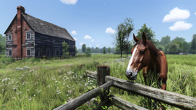 Horse in the Herd and House with Cloud Stock Illustration ...