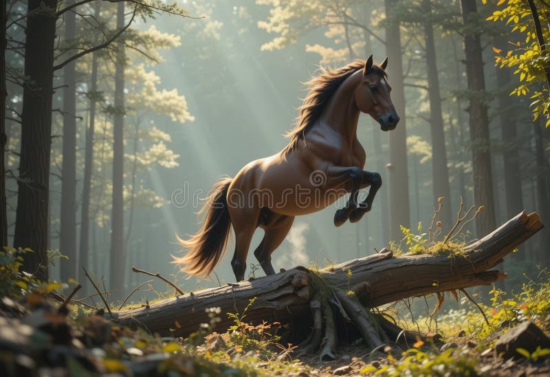 Horse Jumping Over Fallen Tree Trunk in a Forest during Daytime Stock ...