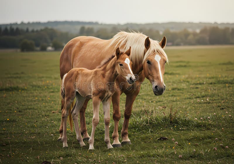 Horse Mare and Foal Running on the Meadow in Summer Sunset Nature Stock ...