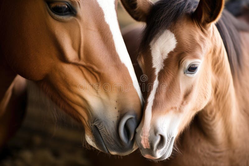 A horse nuzzling a foal stock image. Image of affection - 294164481