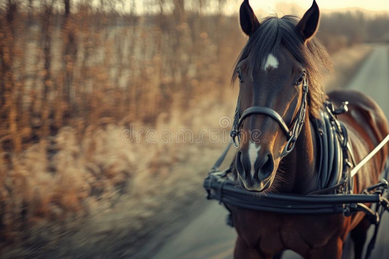 A Horse is Pulling a Carriage Down a Road, a Classic Scene of ...