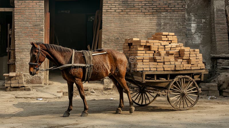 Horse Pulling a Cart of Bricks on Site.. Stock Image - Image of antique ...