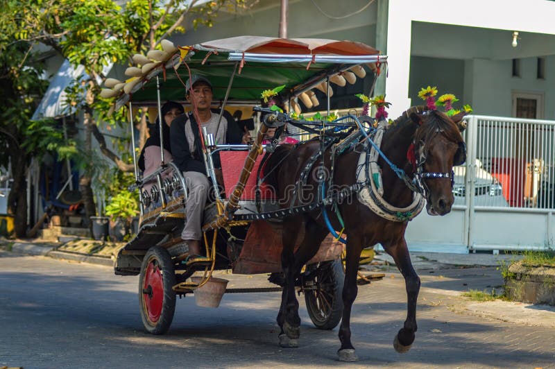 A Horse Pulling a Loaded Cart on a Residential Street in Gresik ...