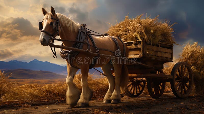 A Horse Pulling a Wagon with Hay Stock Illustration - Illustration of ...