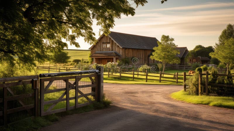 Horse Ranch with Green Landscape Stock Illustration - Illustration of ...