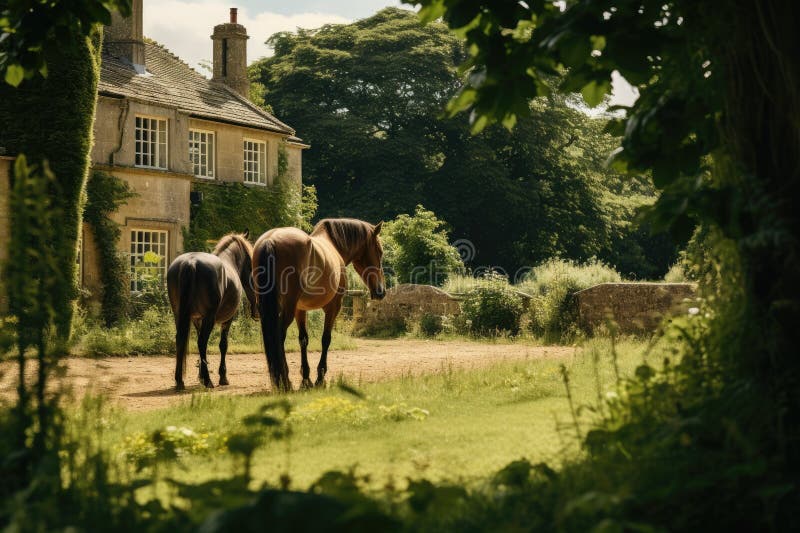 Horse Ranch with Green Landscape Stock Illustration - Illustration of ...