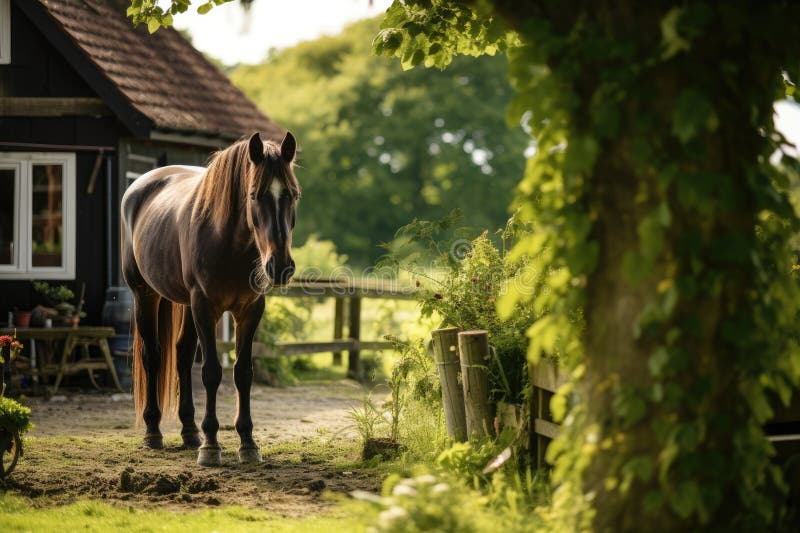 Horse Ranch with Green Landscape Stock Illustration - Illustration of ...