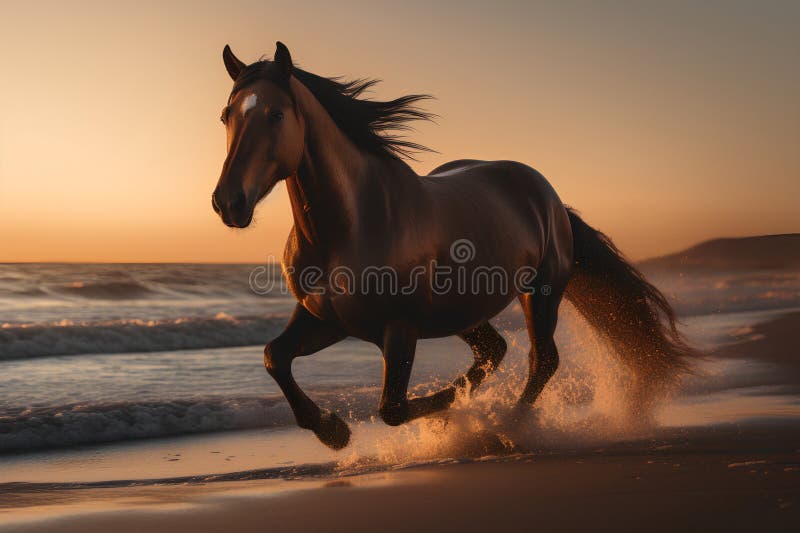 Horse Running on the Beach at Sunset. 3d Rendering Stock Illustration ...