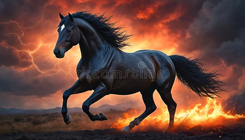 Horse is Running through a Field of Fire Stock Image - Image of ...