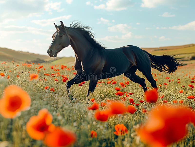 A Horse Running through a Field of Orange Flowers Stock Image - Image ...