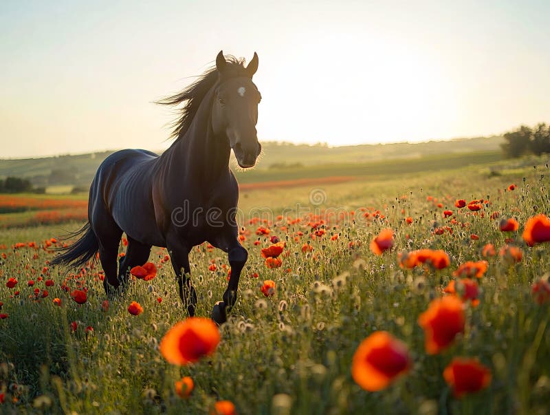 Horse Red Mane Tail Running Field Flowers Stock Photos - Free & Royalty ...