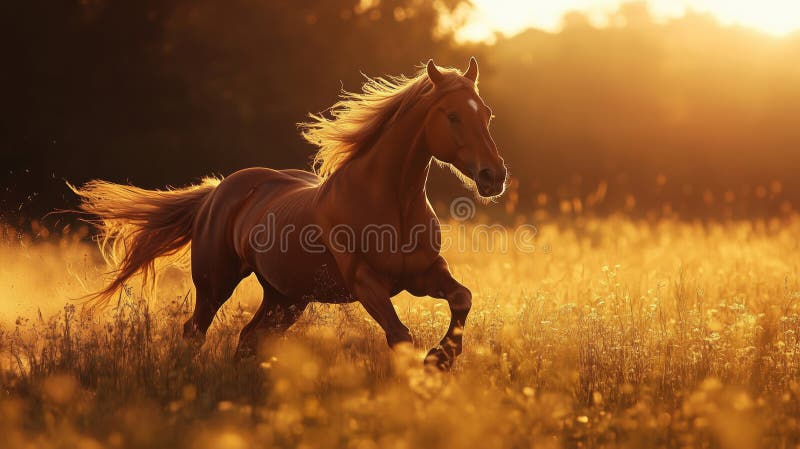 Horse Running in Golden Field at Sunset Stock Image - Image of scenery ...